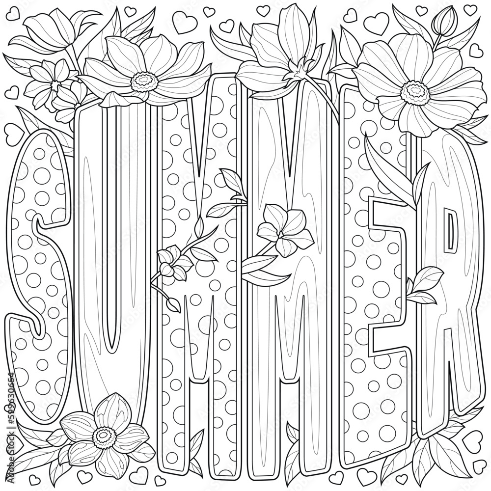 Summer word with flowers and leaves.Coloring pages antistress for ...