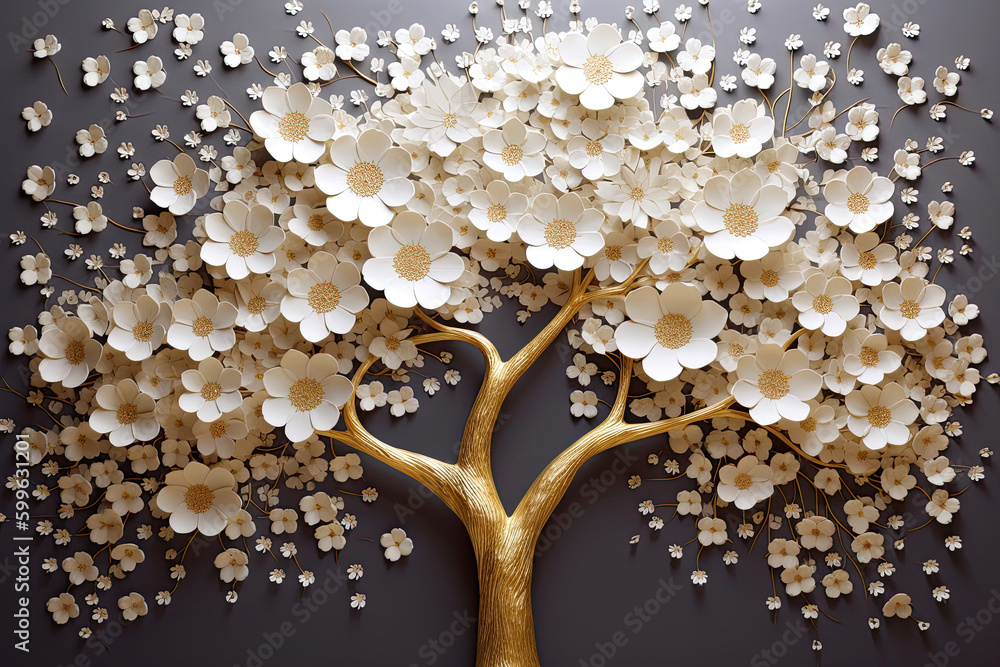 3d wallpaper floral tree background with white flower leaves and golden ...