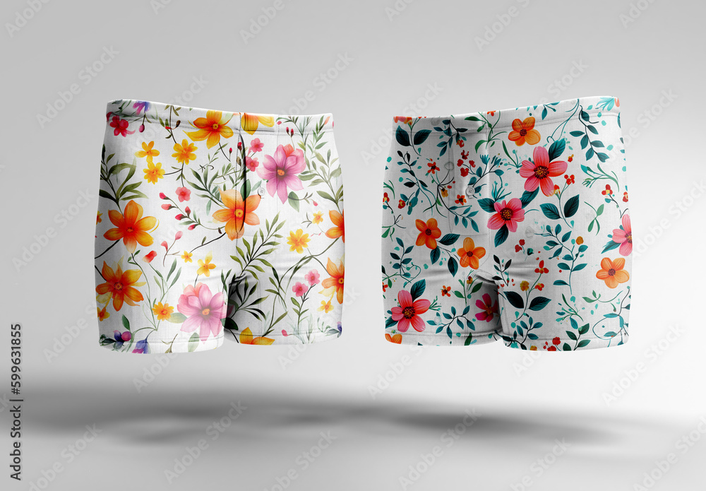 Floral Boxer Shorts Mockup – Double View with Seam Details for Textile ...
