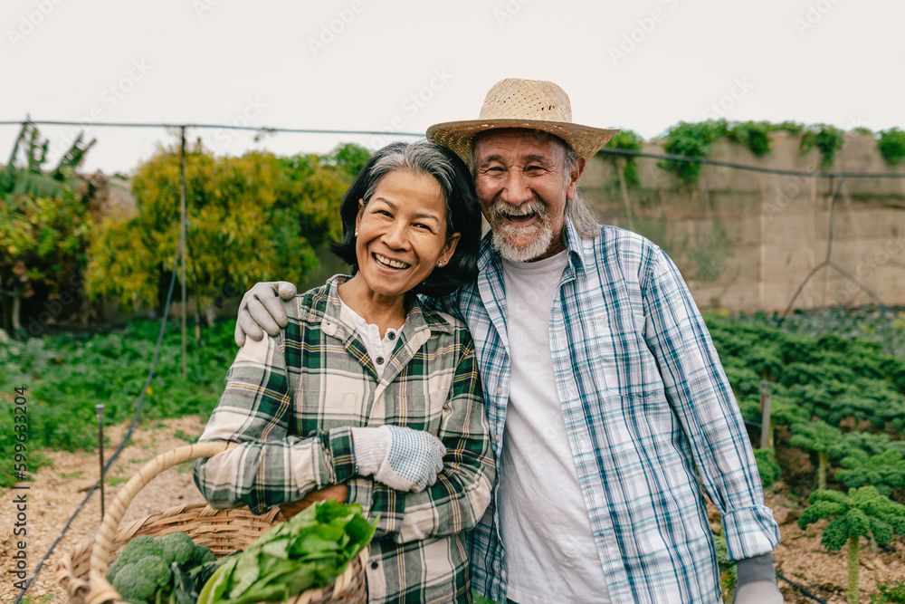 Happy Asian senior farmers smiling at the camera while working in ...