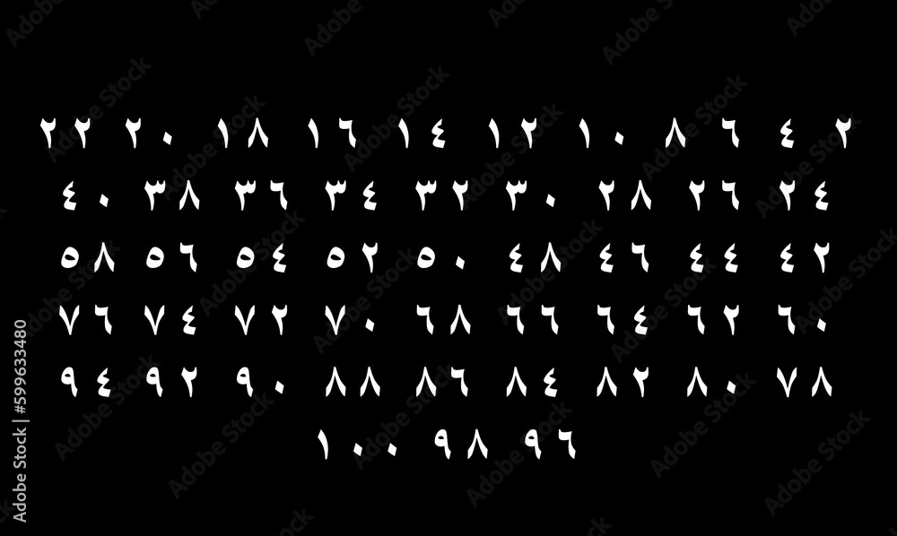 Arabic numbers multiple two with black background and white letters ...
