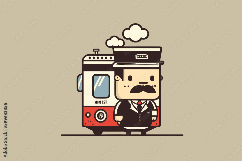 Doodle inspired Train conductor, cartoon sticker, sketch, vector ...