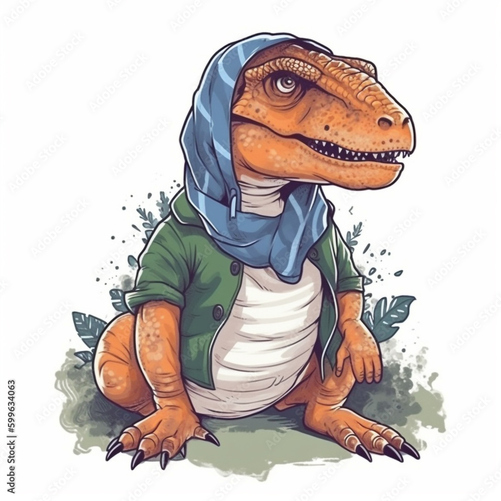 Illustration of a cute baby T-rex in a 2D cartoon style with a plain ...