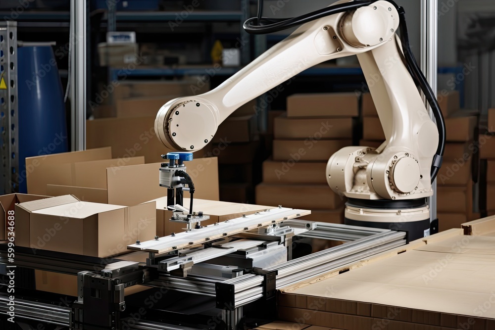 packaging and sorting robot, placing items into boxes for shipping ...