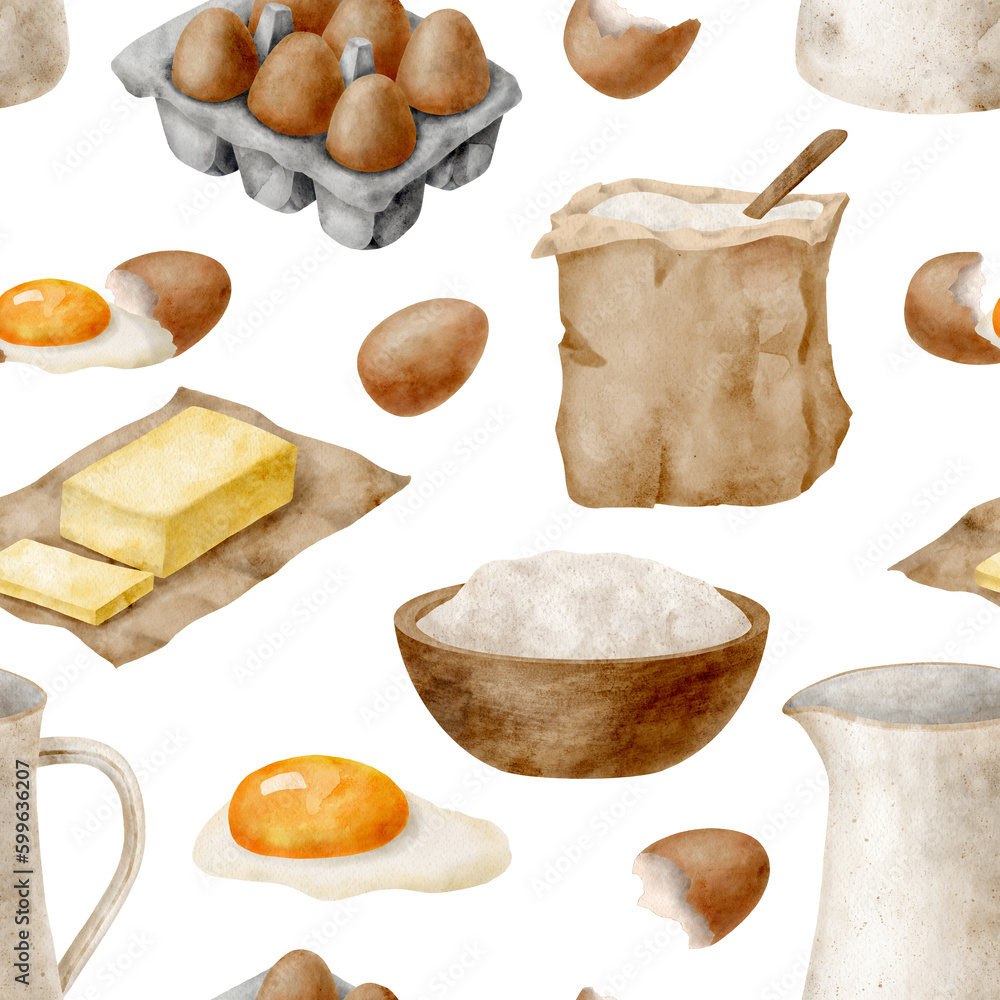Watercolor baking ingredients seamless pattern. Hand drawn flour bag ...