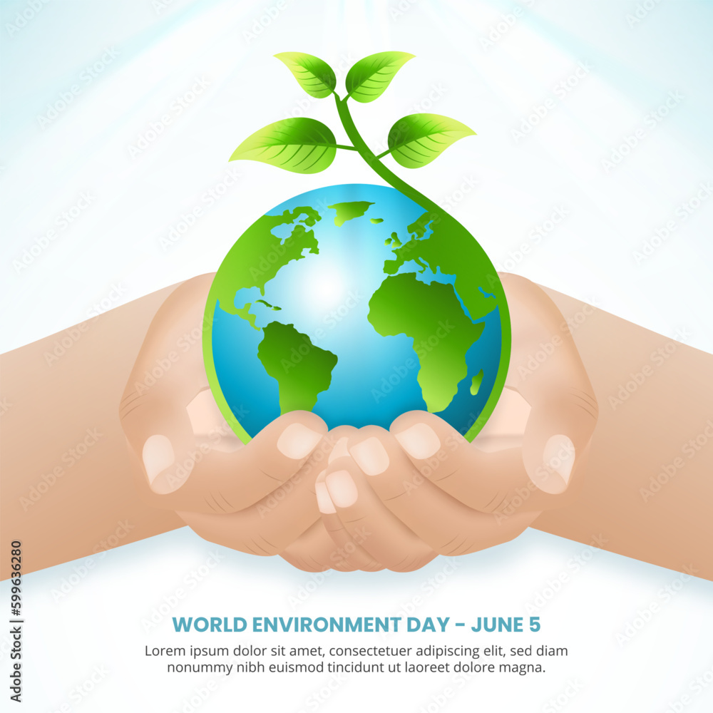 Square world environment day background with hand holding earth with ...