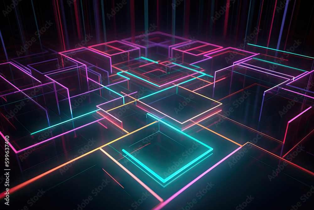 Abstract background of endless bright blue and purple neon lights ...