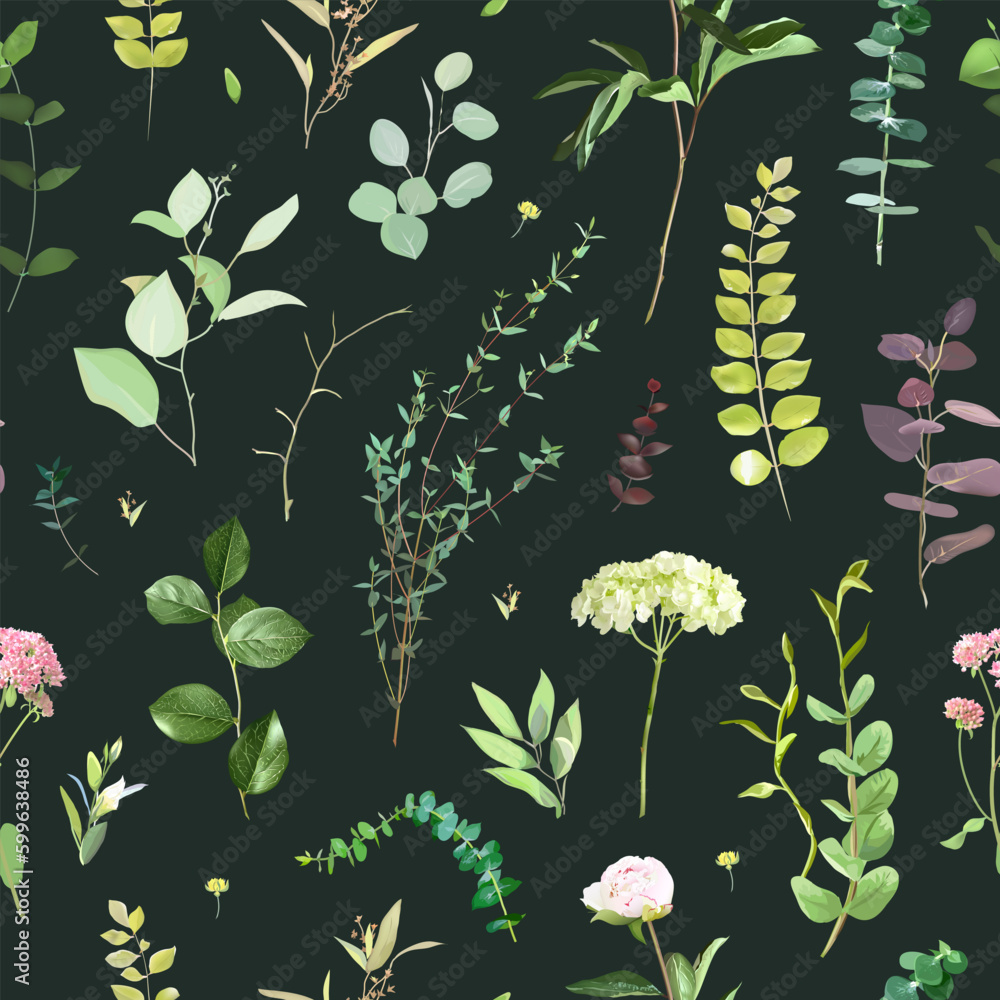 Summer garden greenery print with leaves and wildflowers. Hydrangea ...
