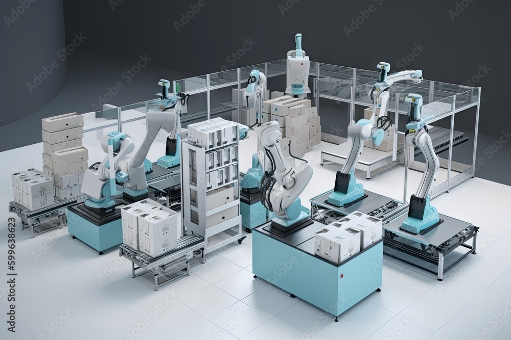packaging and sorting robot with multiple arms, each one grabbing and ...