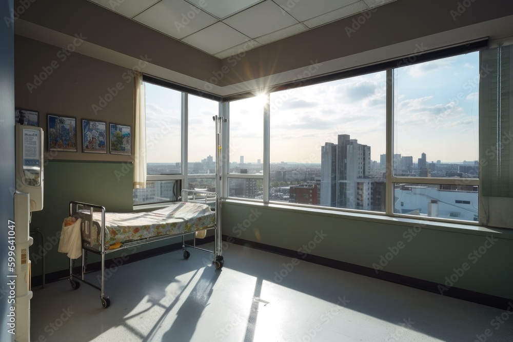 hospital room, with view of the cityscape and sky visible through the ...