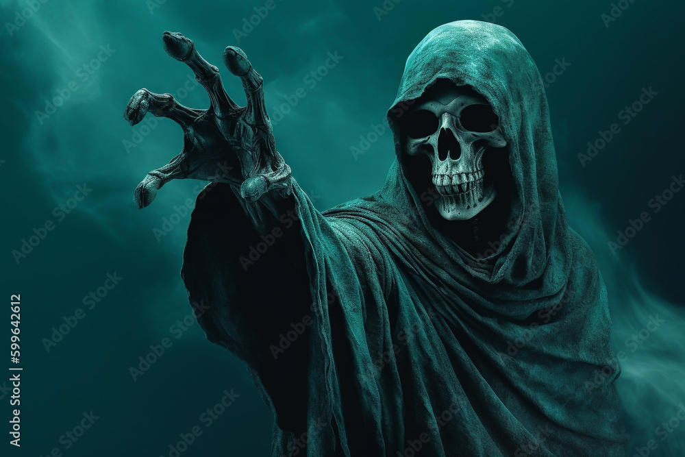 A grim reaper holding out his hand in horrible background with mist ...