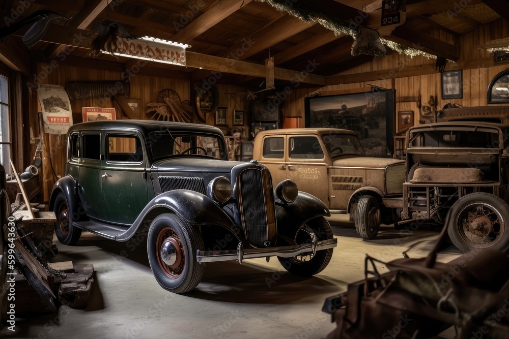 old garage with vintage cars and tools on display, created with ...