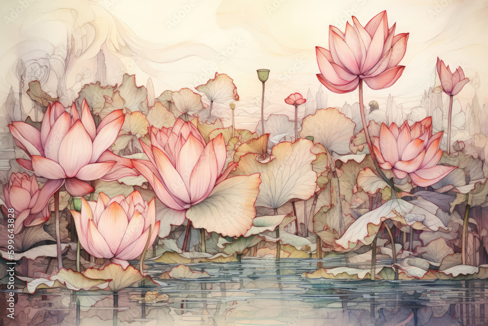 Pink lotuses watercolor, pastel color. Lotus flowers background. Water ...