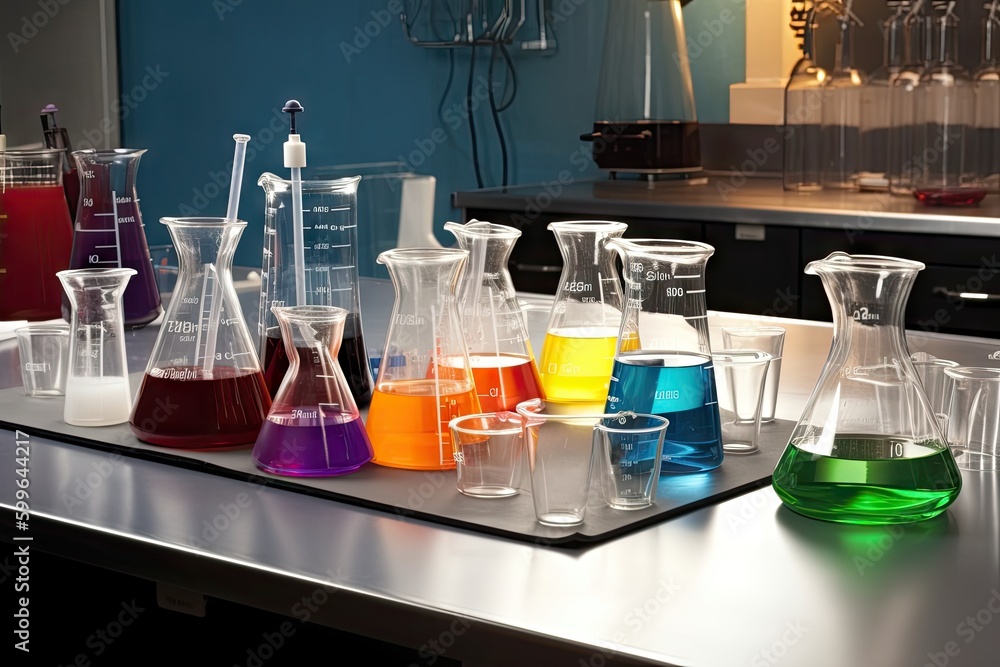 science lab with a variety of flasks and beakers for mixing chemical ...