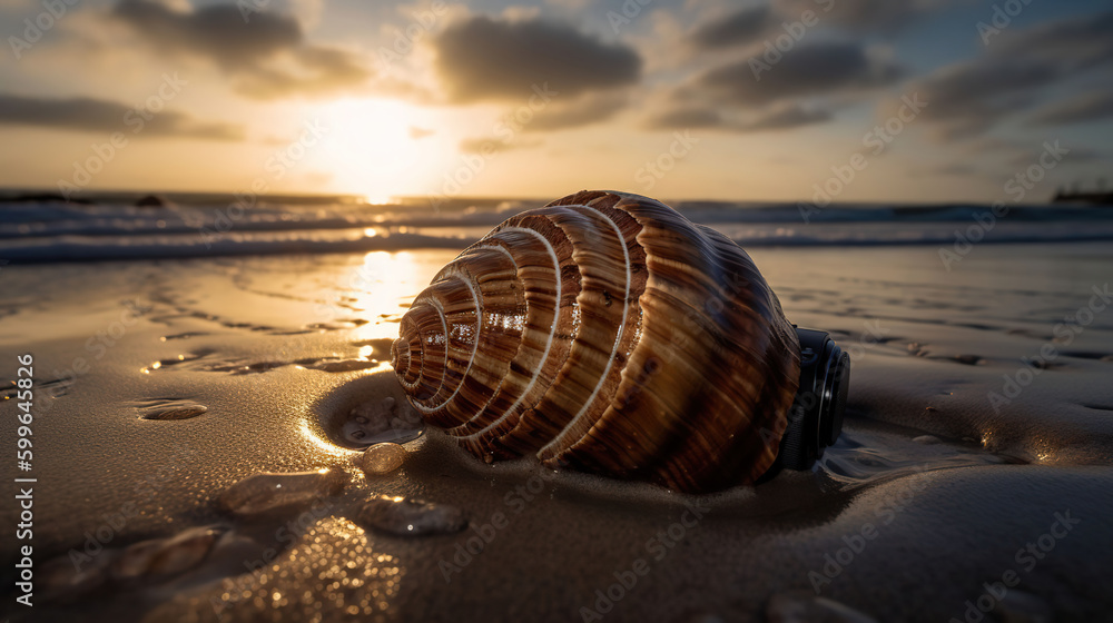 Tyndall effect light rays through the large Nautilus shell, laying on ...