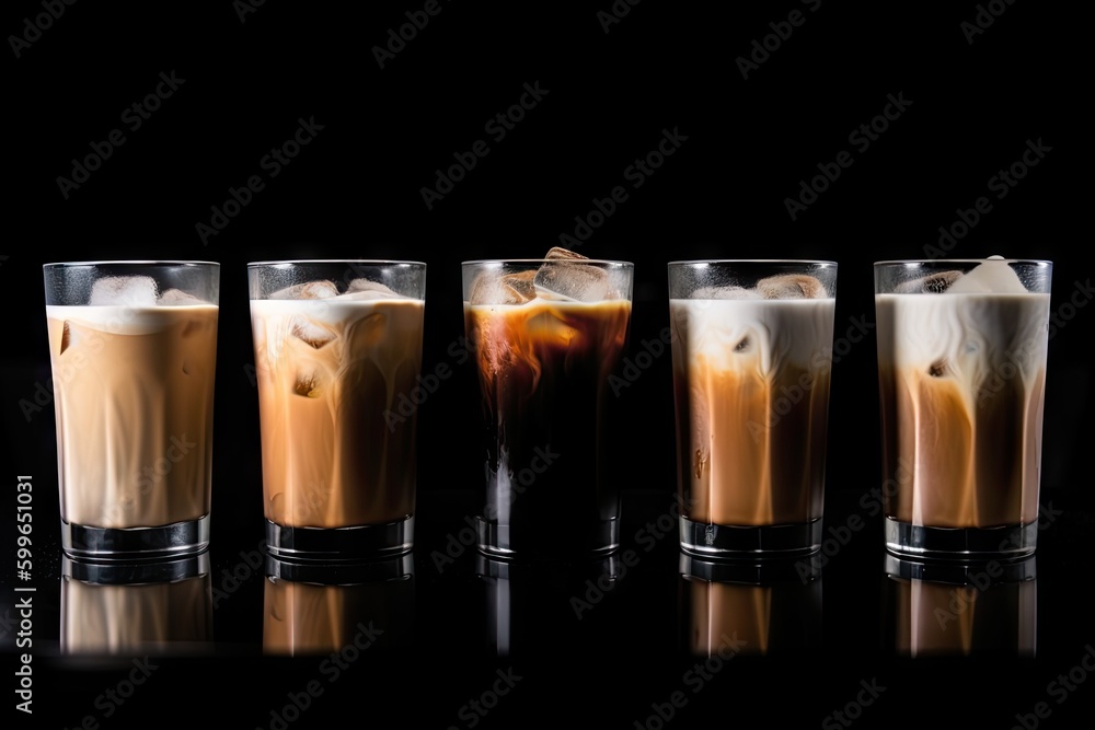 line of iced coffee lattes on a black background, created with ...