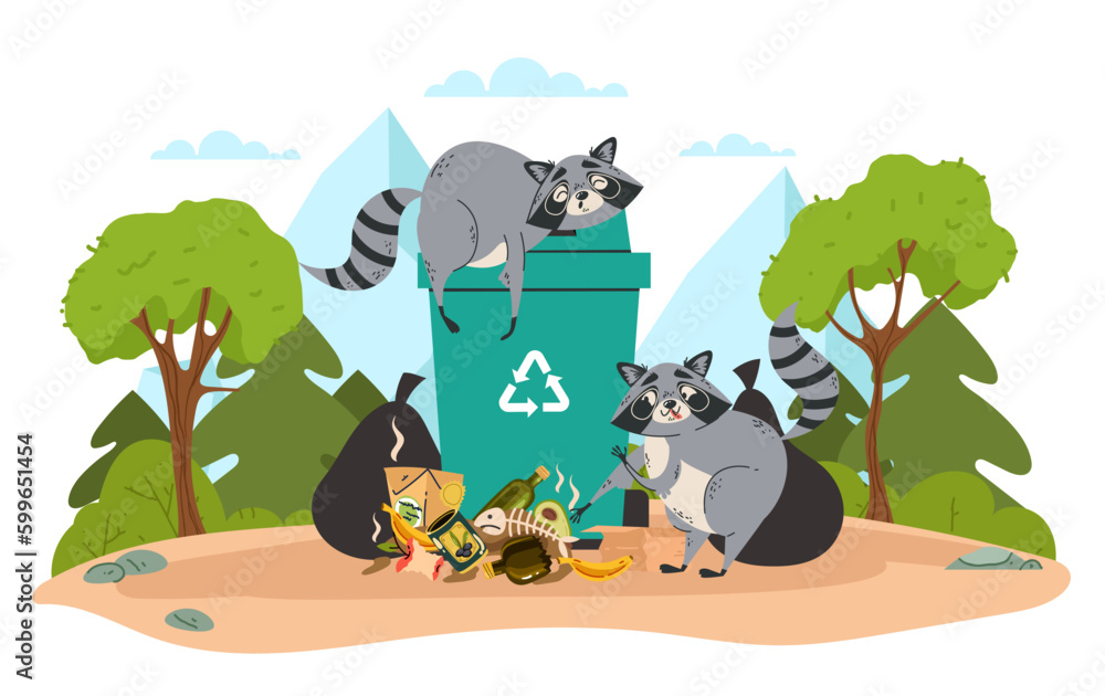 Animal raccoon garbage trash food junk waste bin concept. Vector ...
