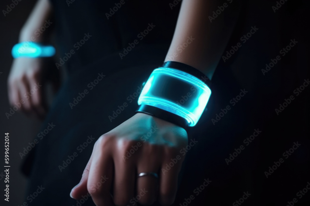 Futuristic smart device with glowing hologram display on human hand ...