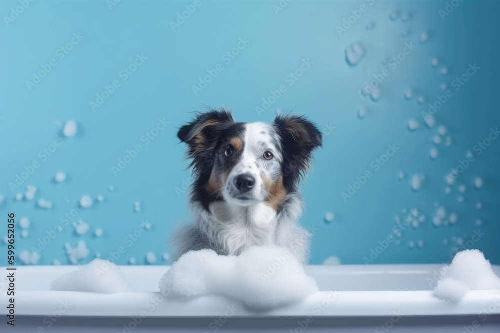 Cute dog showering with shampoo. Washing pet. Puppy dog looking out ...