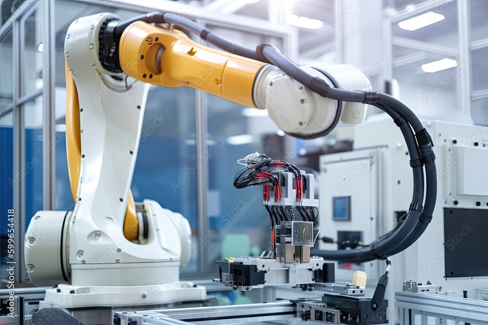 robot on a factory floor, carrying out precision tasks, created with ...
