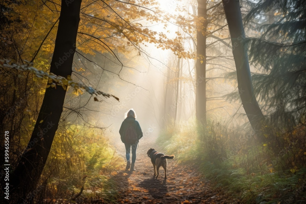woman, taking her dog for walk in misty forest, with the morning sun ...