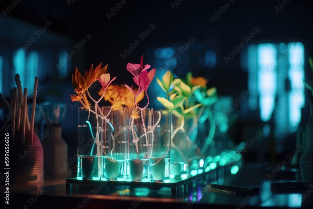 neon plant growing in science laboratory, with beakers and test tubes ...