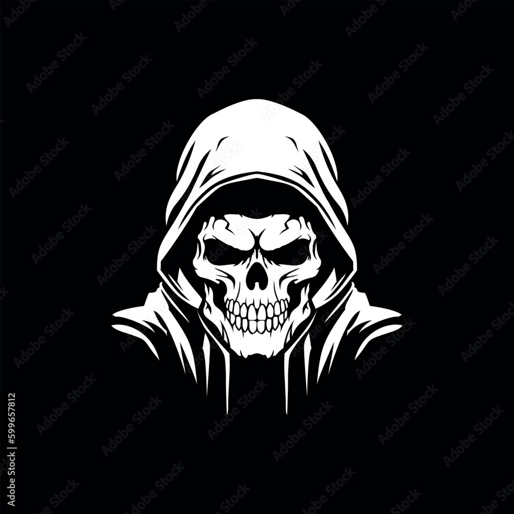 Skull in a hood. Vector illustration isolated on black background Stock ...