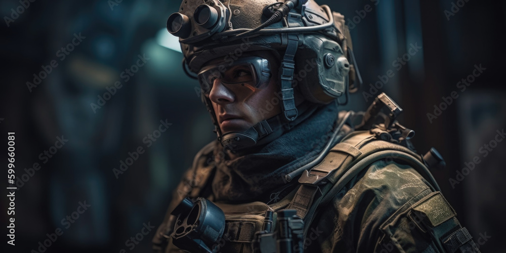 Portrait of a special forces soldier with assault rifle in a dark room ...