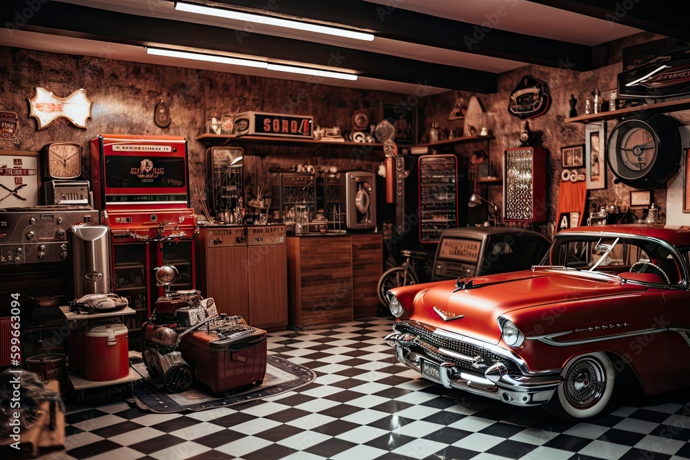 retro-style garage with classic cars, tools and music, created with ...