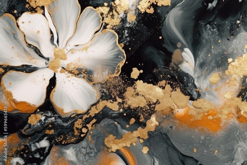 Fractal flowers golden and black liquid marble background. Resin geode ...