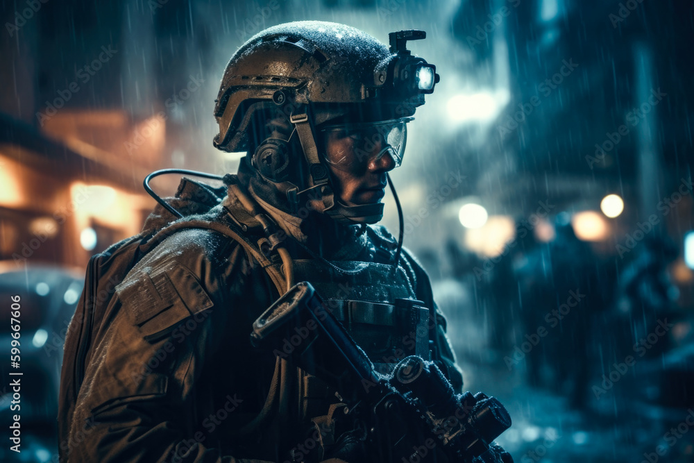 An army soldier in combat uniform with an assault rifle, body armor and ...