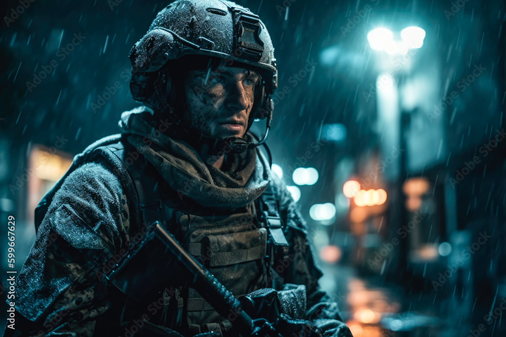 An army soldier in combat uniform with an assault rifle, body armor and ...