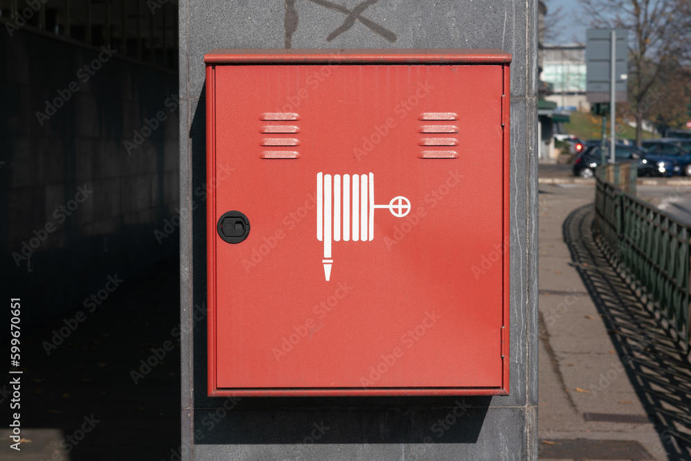 fire safety, Fire hose port to connect to fire hydrant. High visibility ...