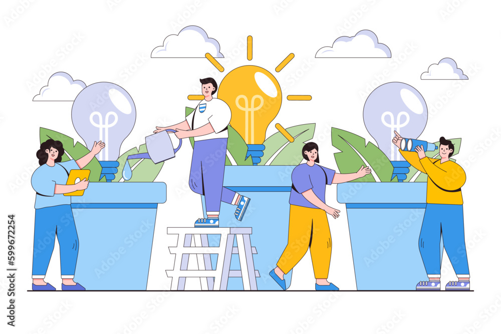 Idea of project activity concept. Business people grow potted plants ...