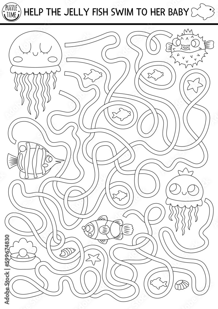 Under the sea black and white maze for kids with marine landscape ...