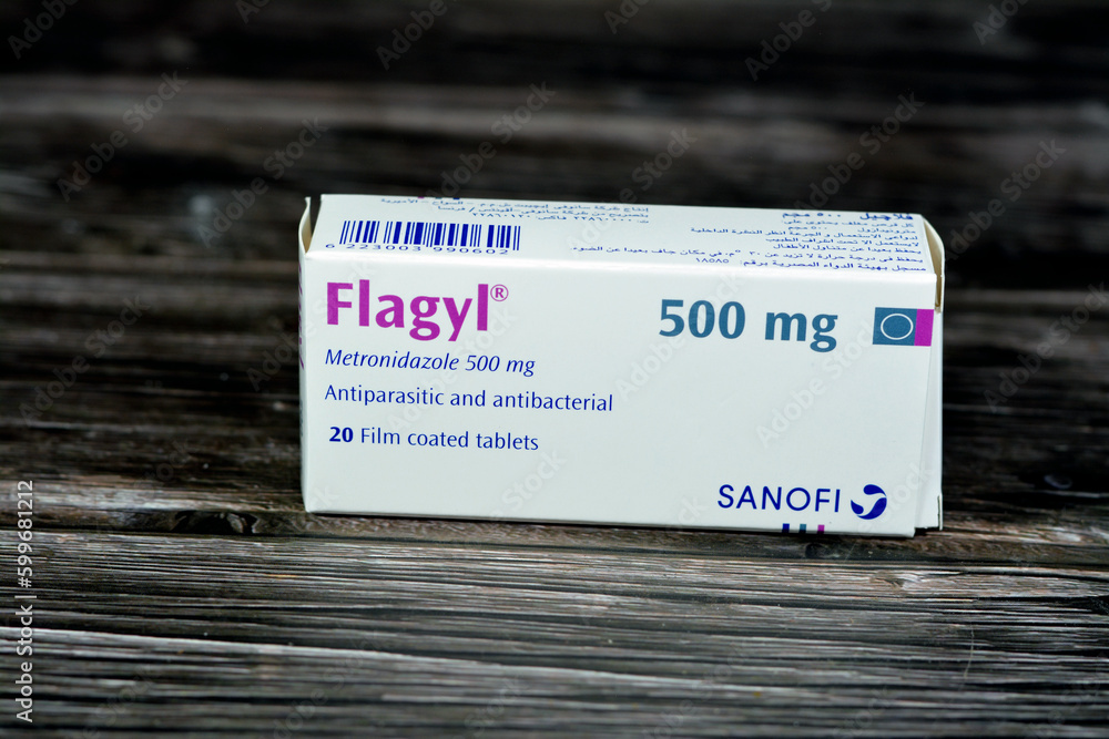 Cairo, Egypt, May 4 2023: Flagyl metronidazole 500mg tablets, Amebicides, an antibiotic that is ...