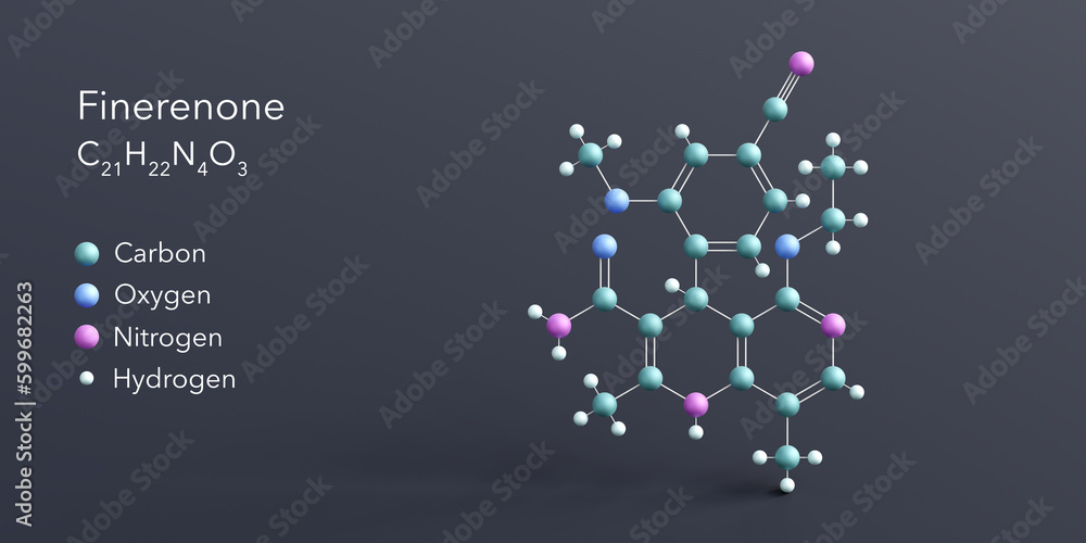 finerenone molecule 3d rendering, flat molecular structure with ...