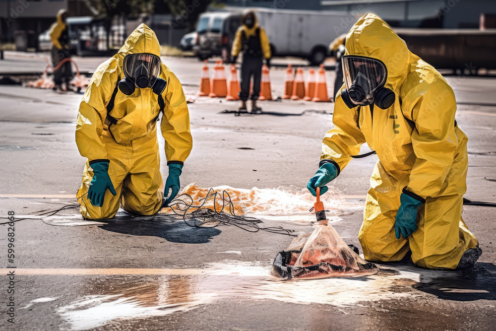 Chemical Spill With Hazmat Suits And Warning Signs. Generative AI Stock ...