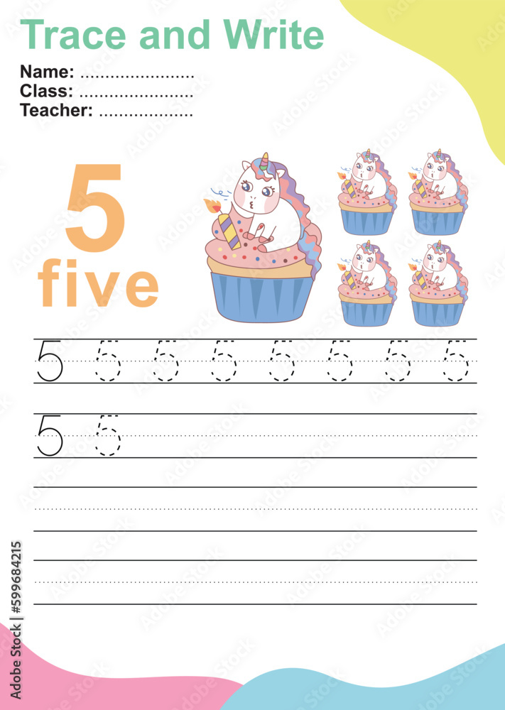 Number five tracing practice worksheet with 3 kawaii unicorn character ...