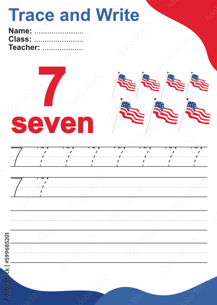 Number seven tracing practice worksheet with 7 American flags for kids ...