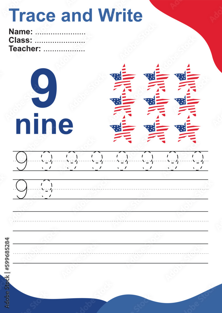 Number nine tracing practice worksheet with 9 American stars for kids ...