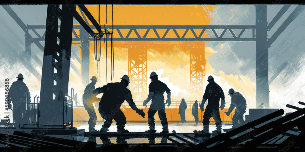 An illustration of a group of workers working together to assemble a ...