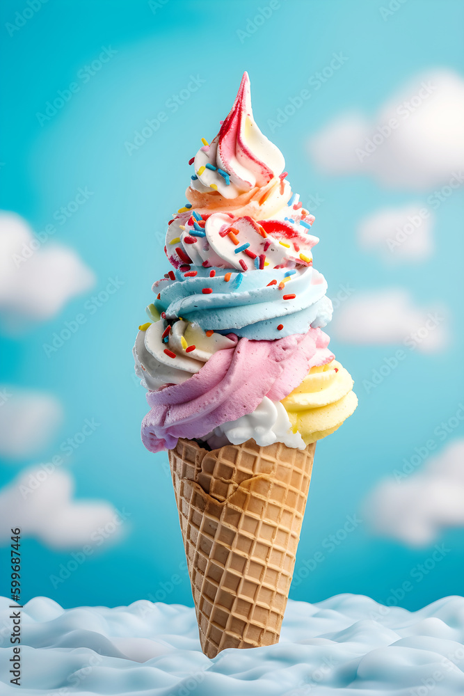 Ice cream cone, fruit, summer concept, sky background, generative ai ...