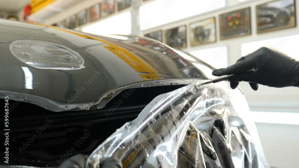 Close up to PPF installation process on a front headlight and hood. PPF ...