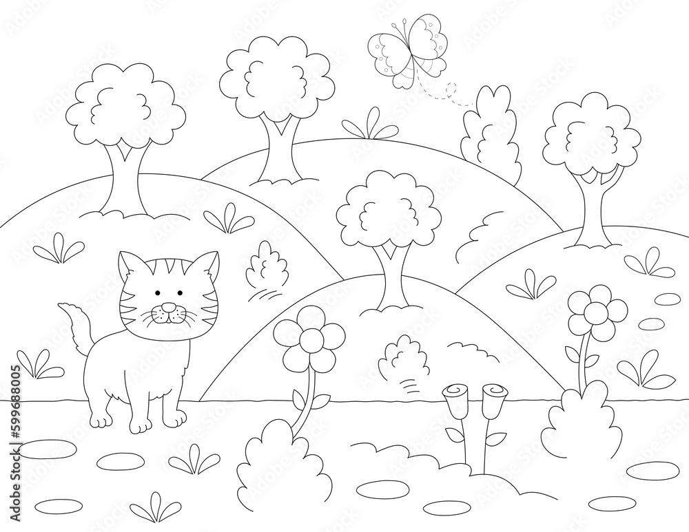 cat in the garden coloring page for kids. you can print it on 8.5x11 ...
