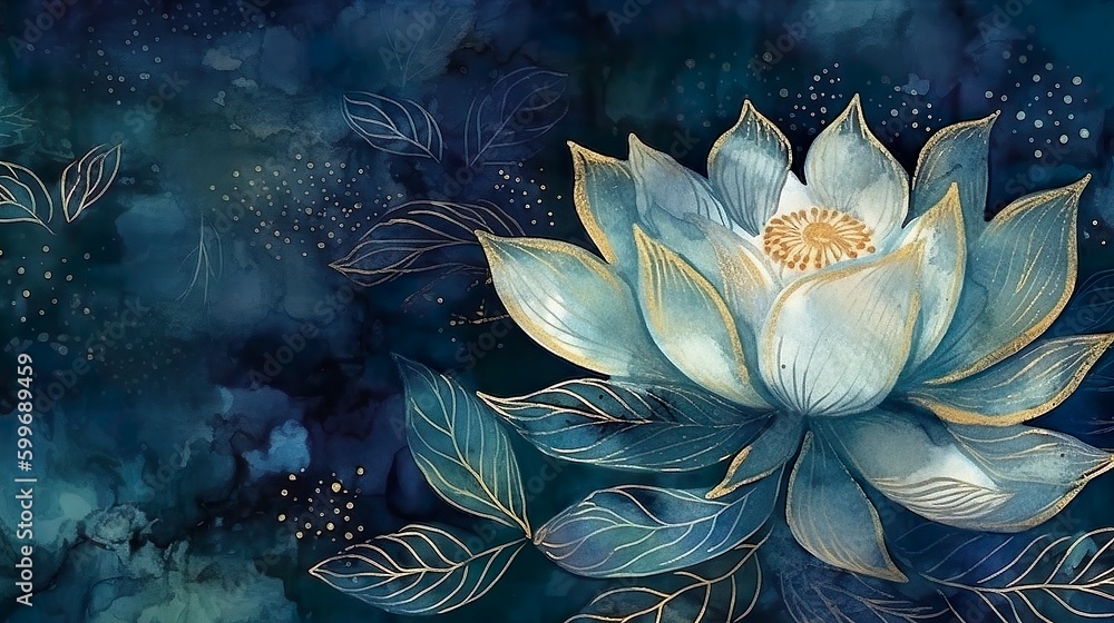 beautiful lotus lily water flower wallpaper, gold on dark blue ...