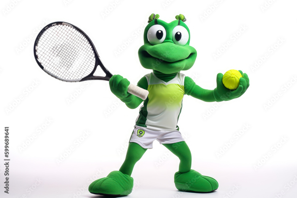 A dynamic green turtle mascot in sportswear with a racket and polo ...