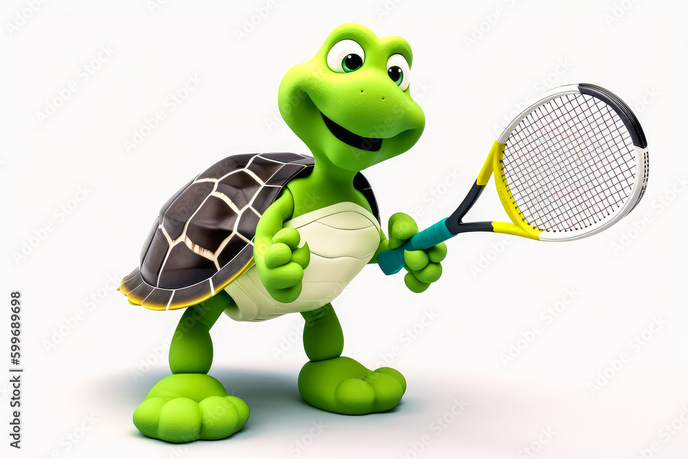 A sporty green turtle mascot is playing tennis with a polo shirt and ...