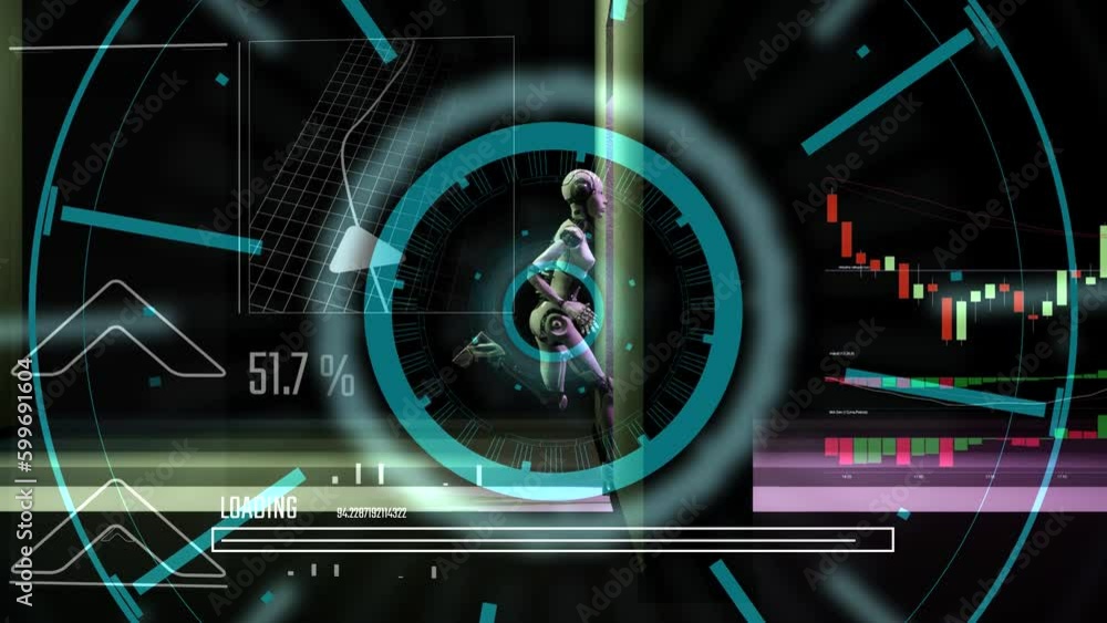 Artificial intelligence. Robot android runs over walls.. The camera ...