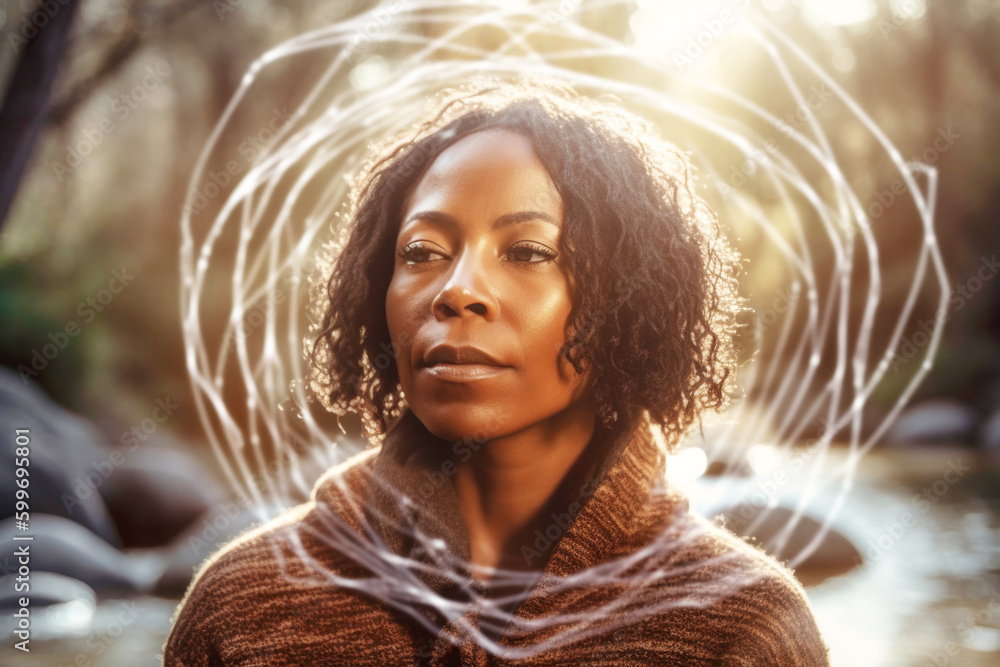 Portrait of spiritual black woman with aura and healing energy around ...